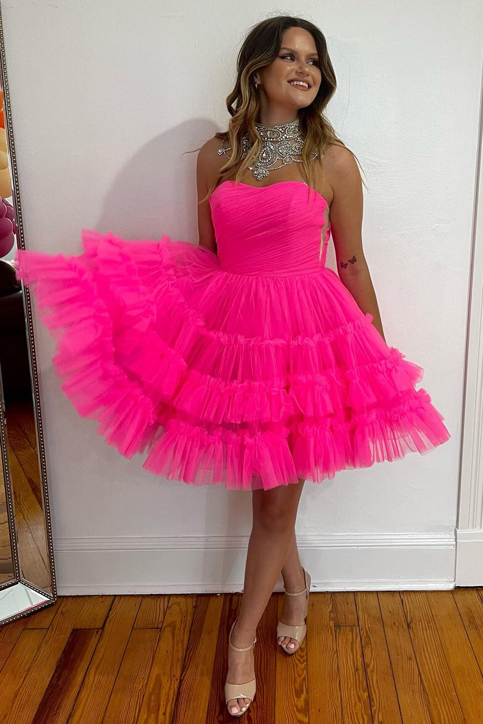 Hot Pink Strapless Ruffle A-Line Homecoming Dress – Shedestiny