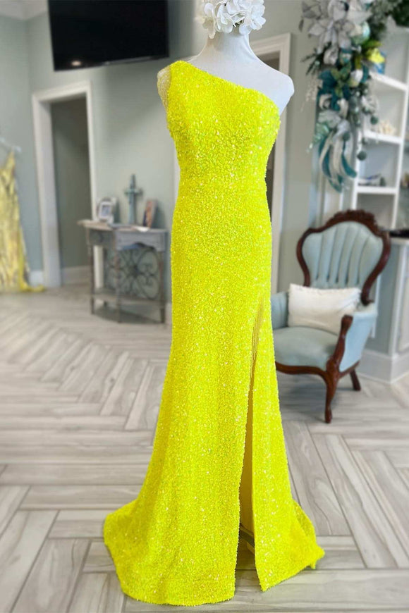 Yellow Sequin Tassel One-Shoulder Long Prom Dress with Slit – Shedestiny